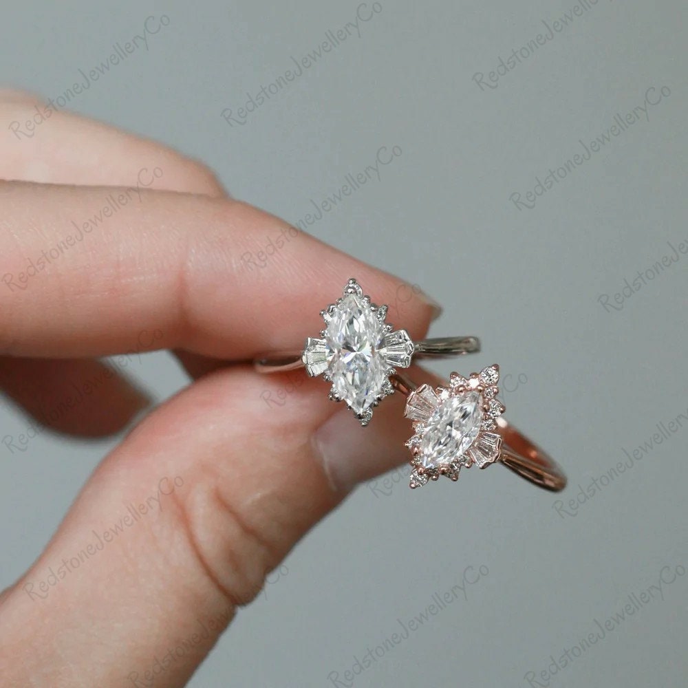 Marquise Cut Moissanite Engagement Ring/14k Rose Gold Ring/art Deco ...