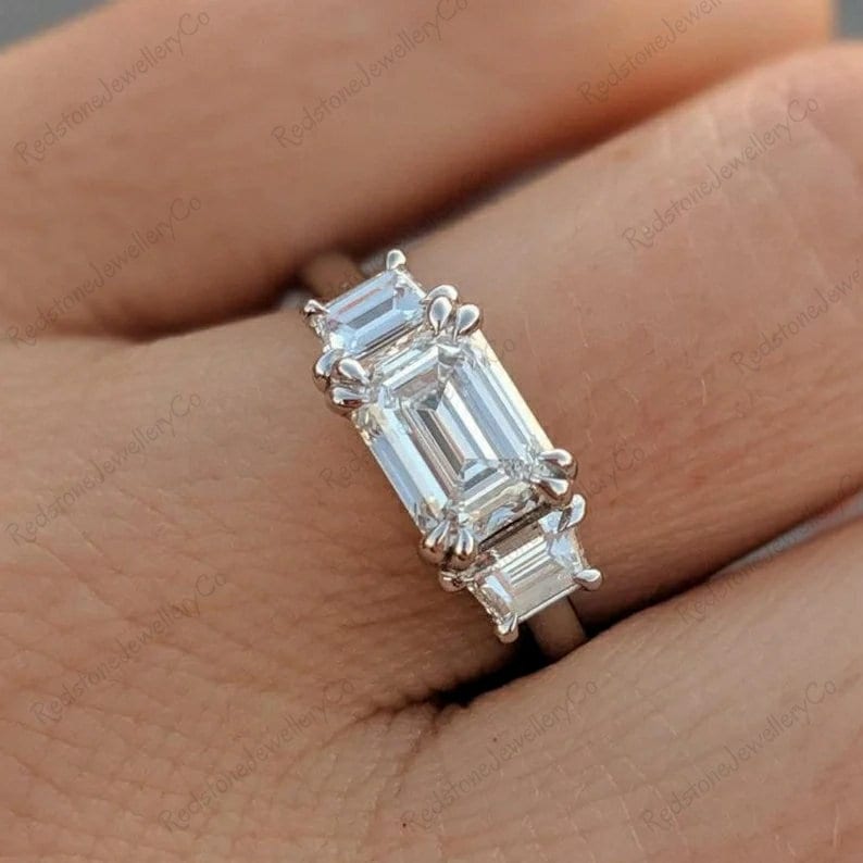 Three Stone Ring East West Set Emerald Trapezoid Accent Moissanite 3 ...