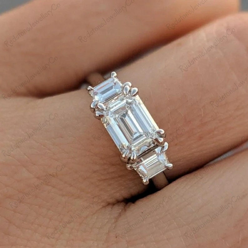 Three Stone Ring East West Set Emerald Trapezoid Accent Moissanite 3 ...