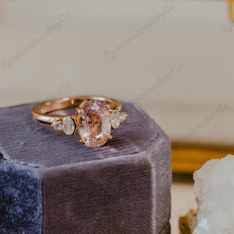 Oval Morganite Engagement Ring Three Stones Ring Minimalist Ring Morgaite Ring Antique Rose Gold ...