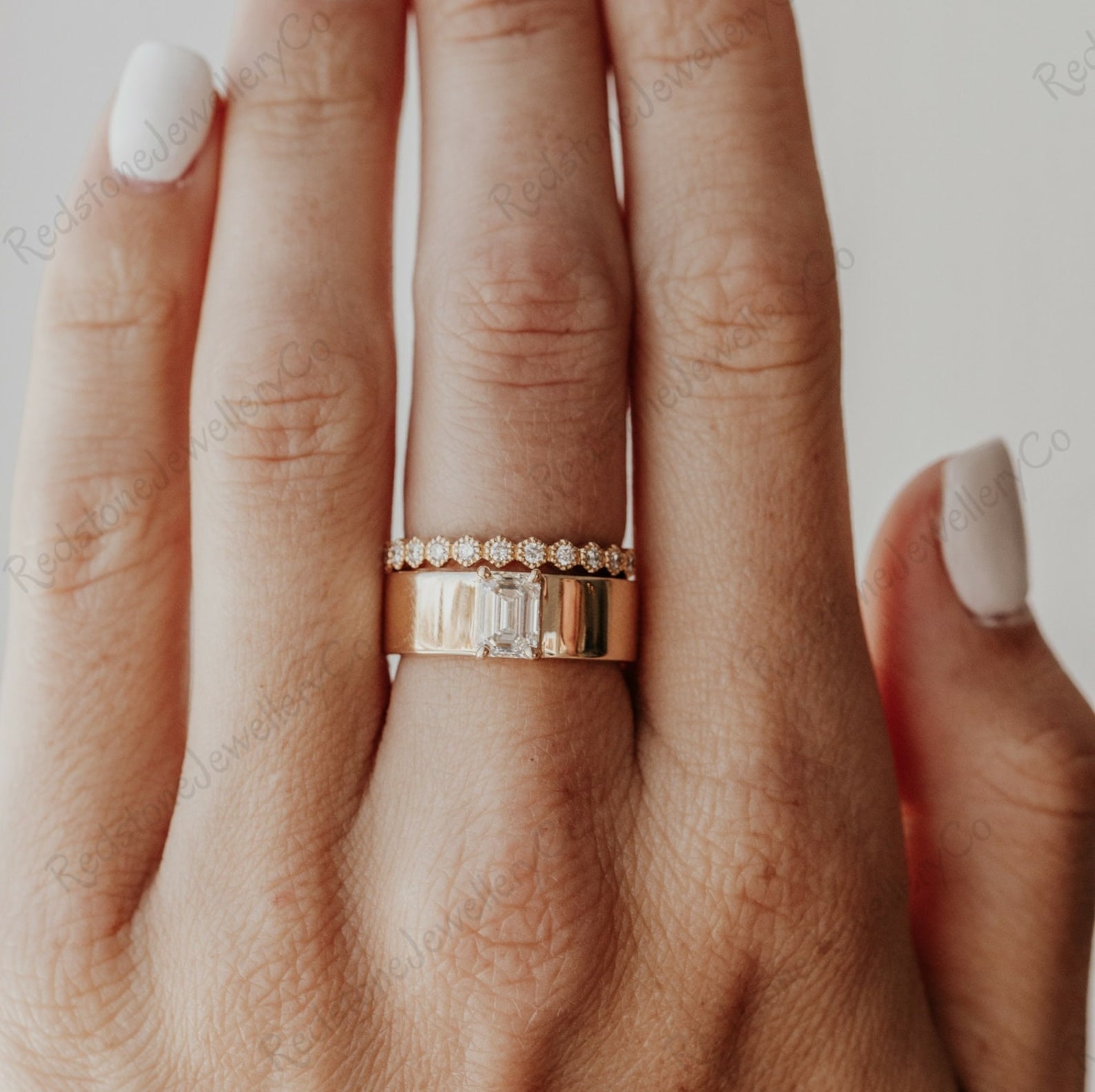 Emerald Diamond Bezel Cigar Ring 14K Gold Wide Band - Etsy