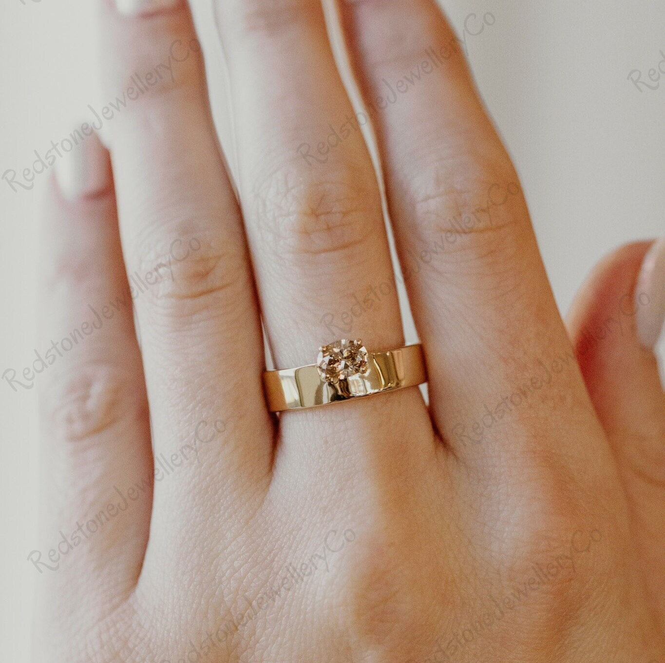 Oval Diamond Bezel Cigar Ring 14K Gold Wide Band, Wedding/engagement ...