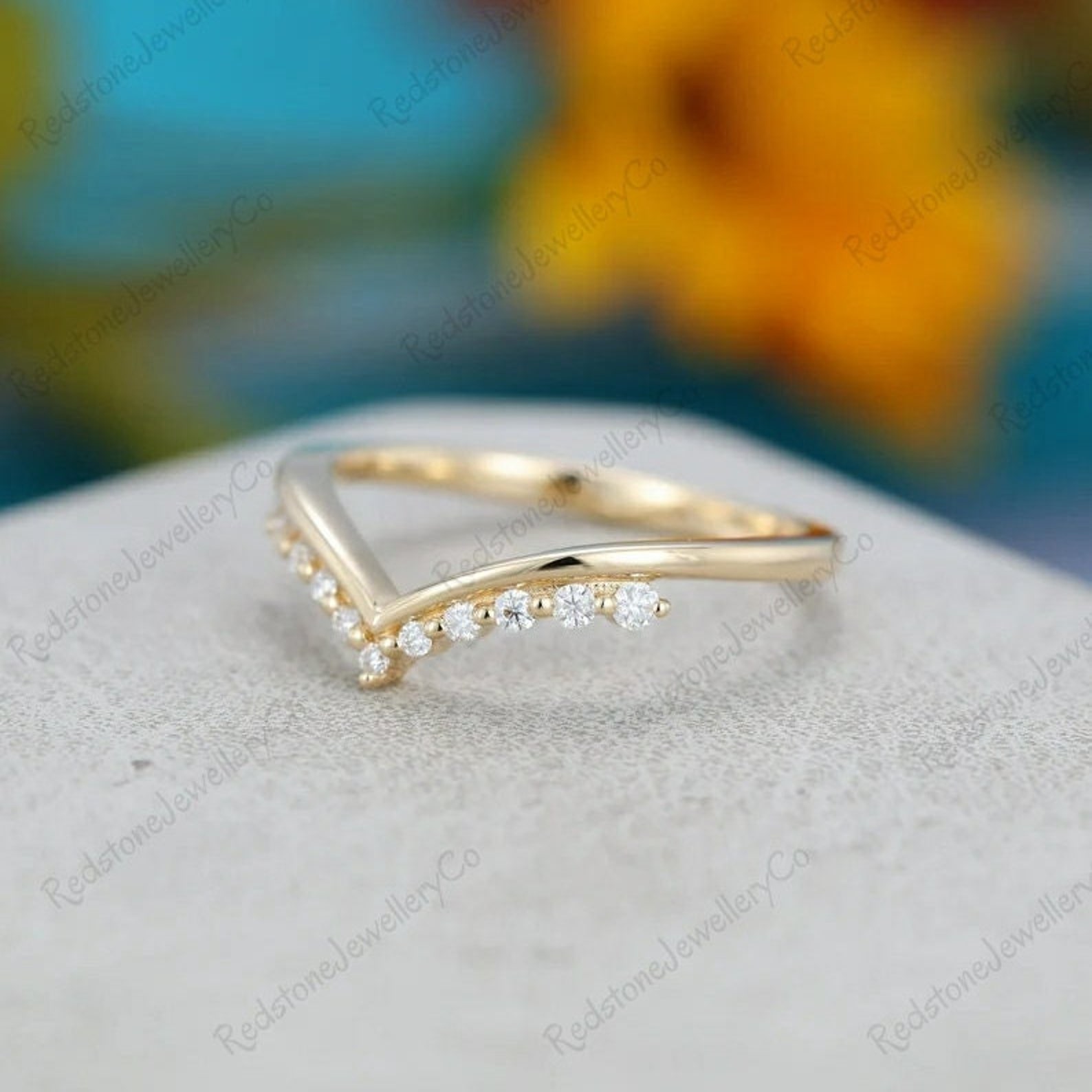 Art Deco V Band: 14K Rose, Yellow & White Gold Diamond Wedding Ring - Etsy