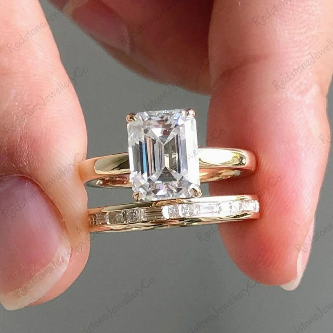 2CT Emerald Cut Moissanite Ring Set|hidden Halo Wedding Ring|emerald ...