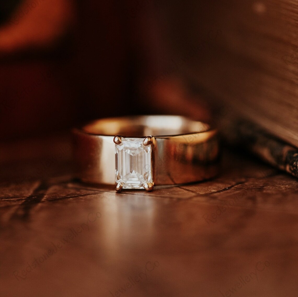 Emerald Diamond Bezel Cigar Ring 14K Gold Wide Band - Etsy