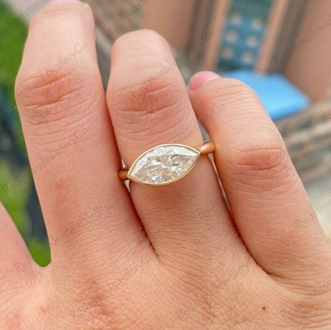 East West Marquise Cut Engagement Ring East West Wedding Ring Bezel Set ...