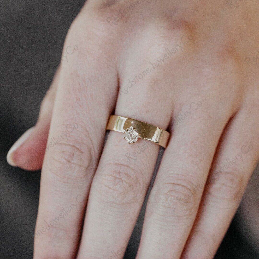 Hexagon Diamond Bezel Cigar Ring 14K Gold Wide Band, Wedding/engagement ...