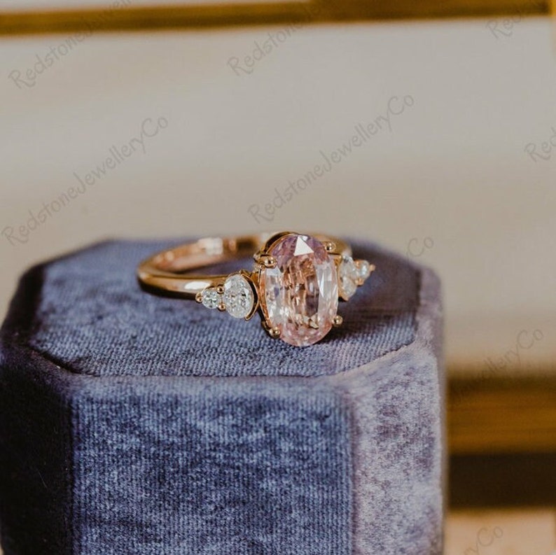 Oval Morganite Engagement Ring Three Stones Ring Minimalist Ring Morgaite Ring Antique Rose Gold ...