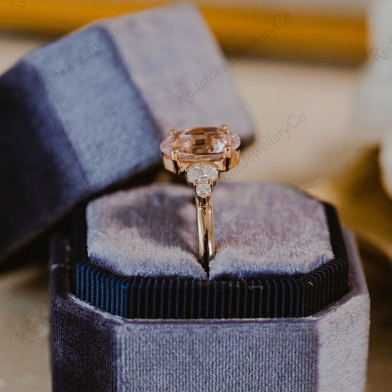 Oval Morganite Engagement Ring Three Stones Ring Minimalist Ring Morgaite Ring Antique Rose Gold ...
