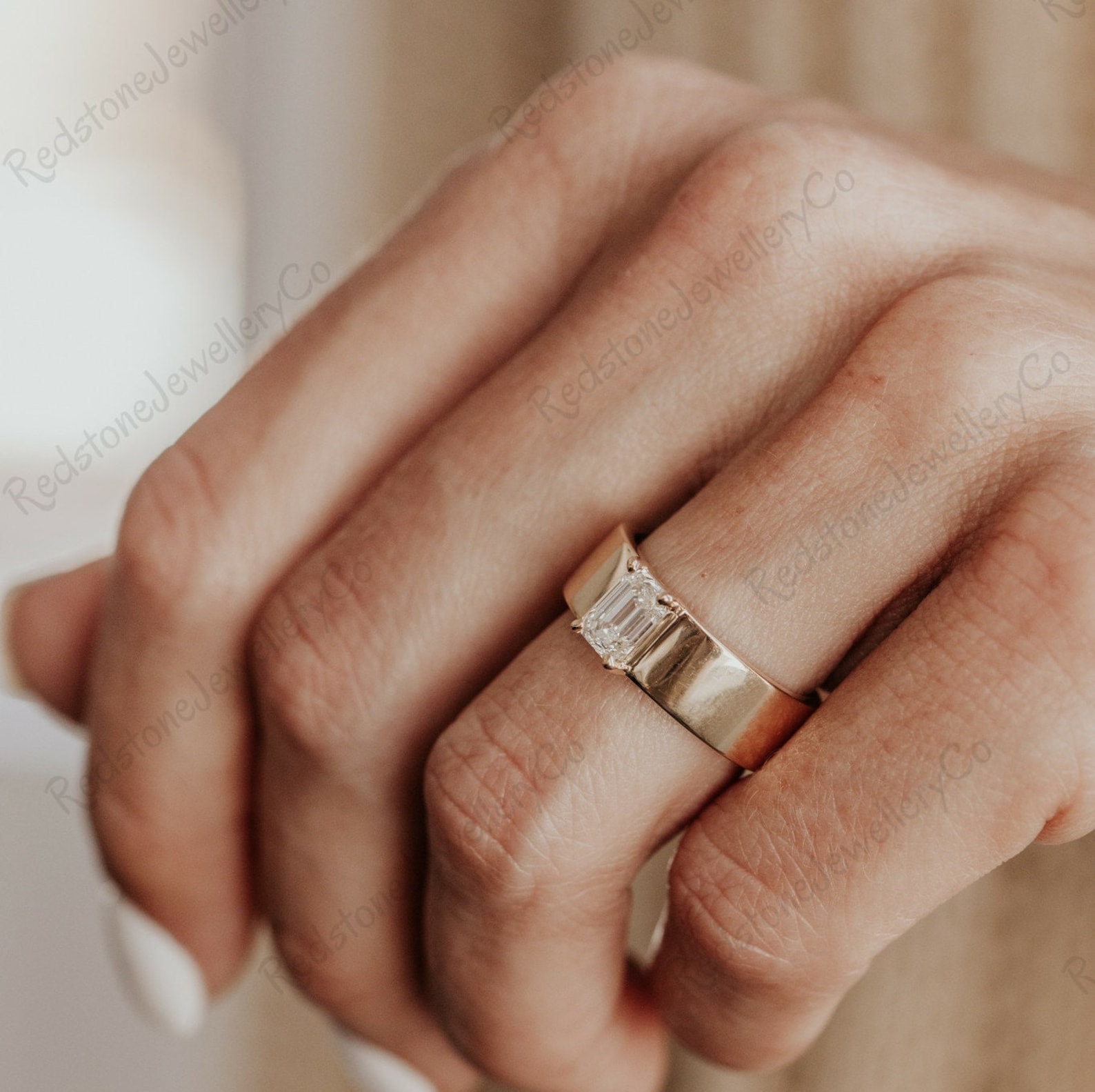 Emerald Diamond Bezel Cigar Ring 14K Gold Wide Band - Etsy