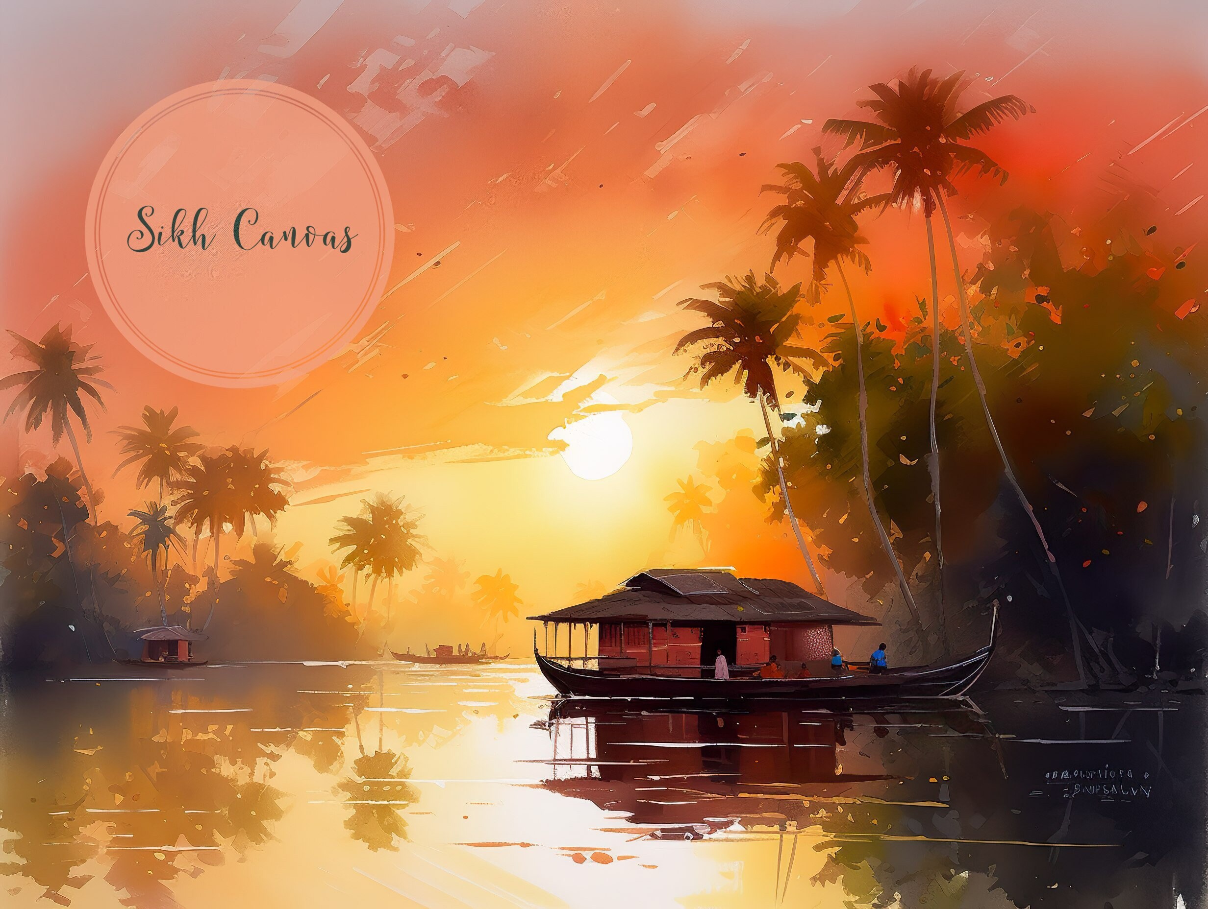 Kerala Backwaters Watercolors Painting Scenic Art Wall Decor Indian ...