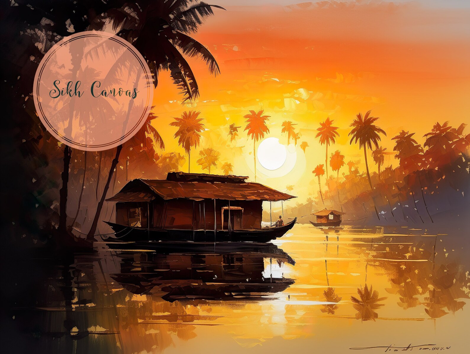 Kerala Backwaters Watercolors Painting Scenic Art Wall Decor Indian ...