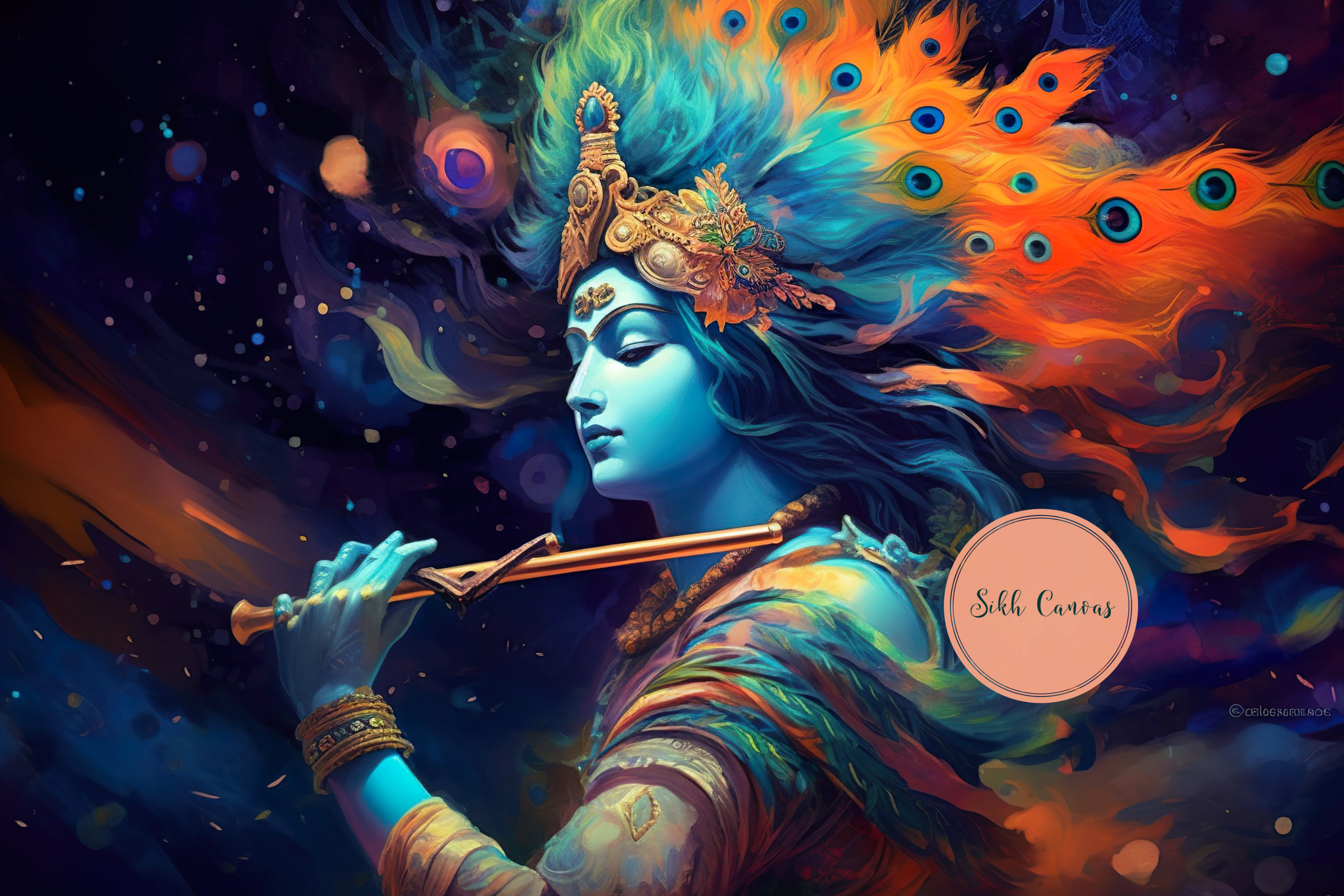 Hindu Digital Art Lord Krishna Divine Flute Cosmic Backdrop Mystical ...