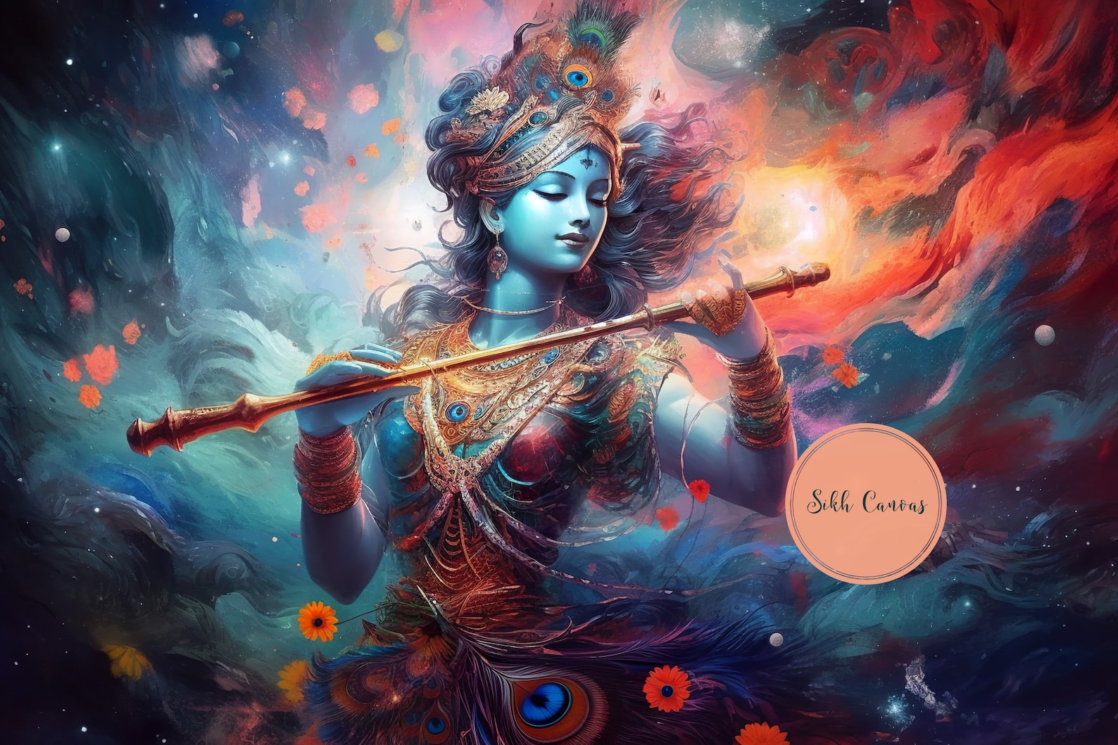 Hindu Digital Art Lord Krishna Divine Flute Cosmic Backdrop Mystical ...