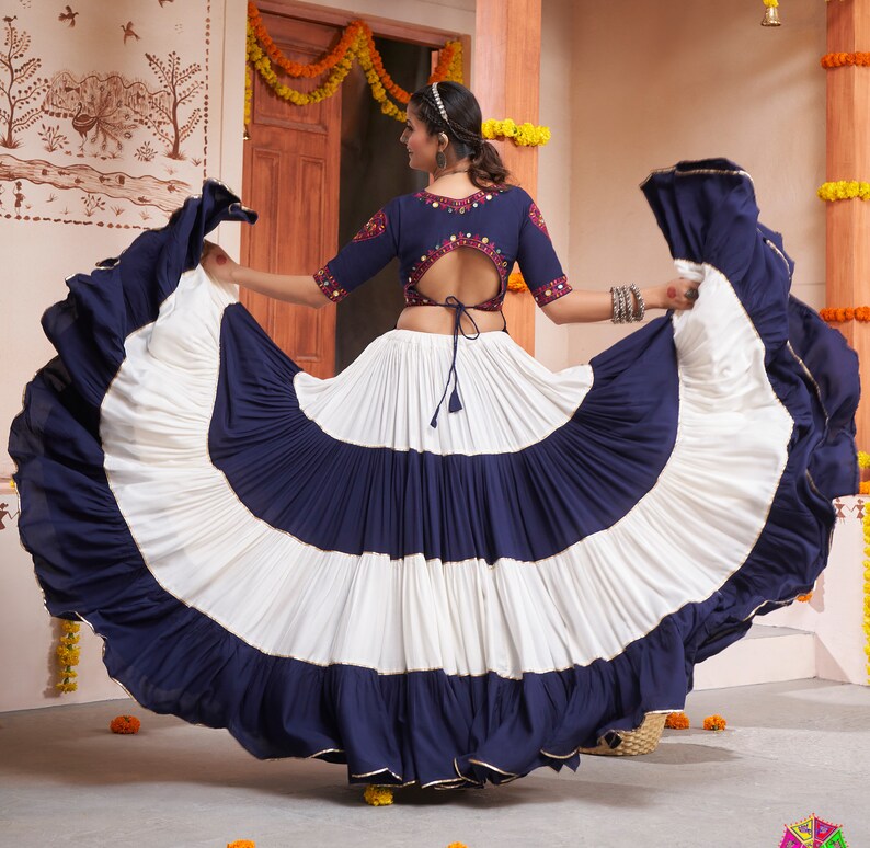 White Blue Contrasting Embroidered and Mirror Work in Gamthi Style on ...