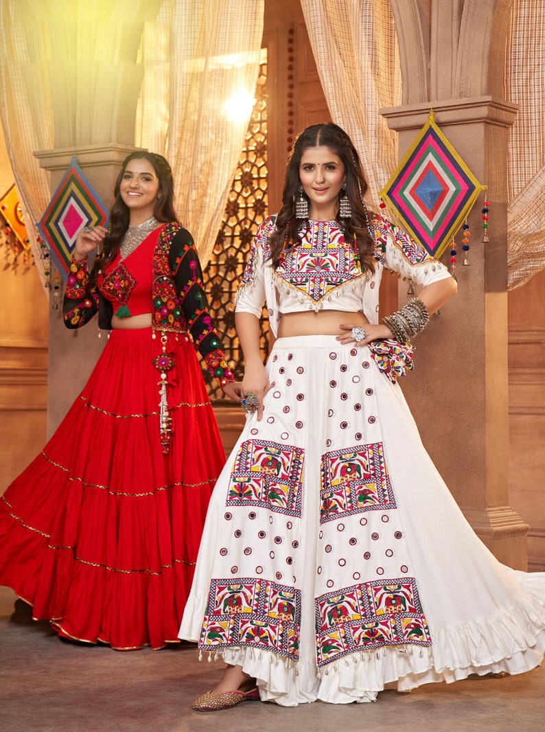 White Embroidered and Mirror Work in Gamthi Style on Viscose Rayon ...