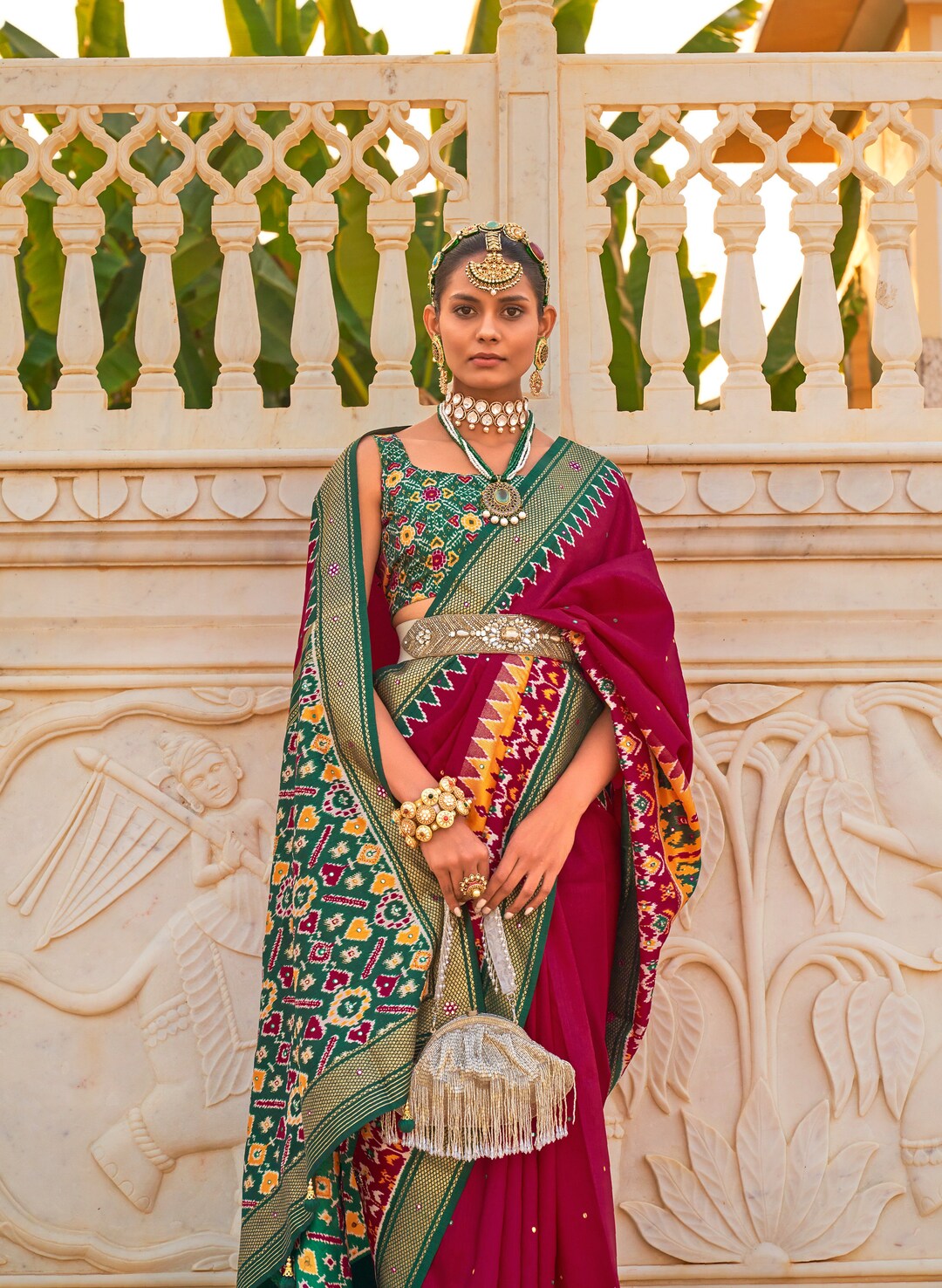 Red Patola Panetar Saree With Khatli Desi Work Contrasting - Etsy