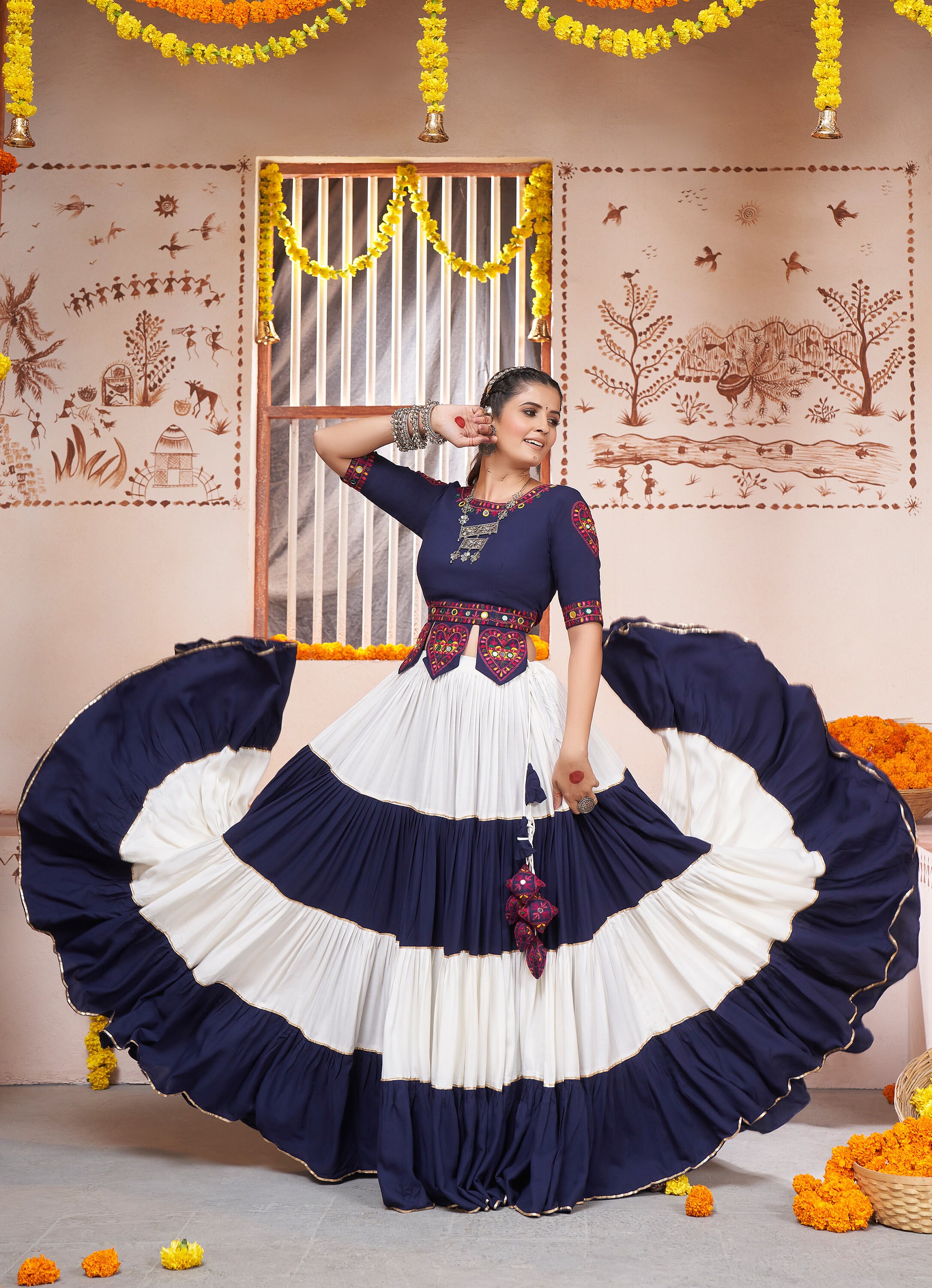 White Blue Contrasting Embroidered and Mirror Work in Gamthi Style on ...