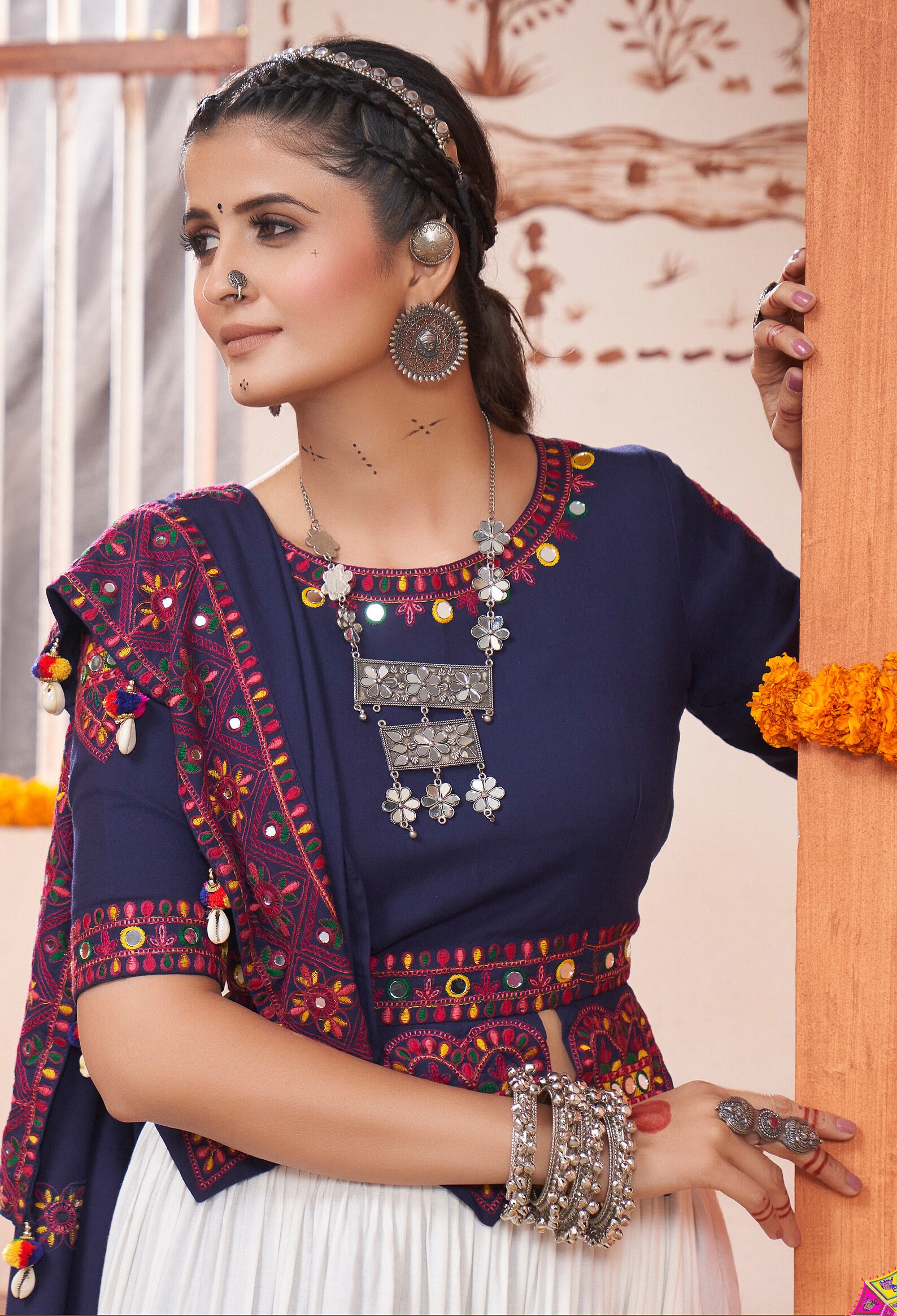 White Blue Contrasting Embroidered and Mirror Work in Gamthi Style on ...