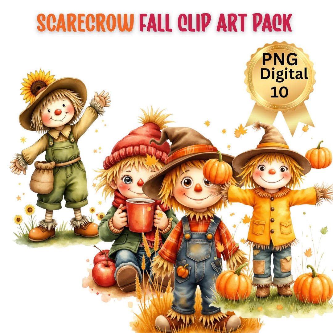 Scarecrow Clipart Digital PNG, Fall Harvest Decor, Autumn Farmhouse ...