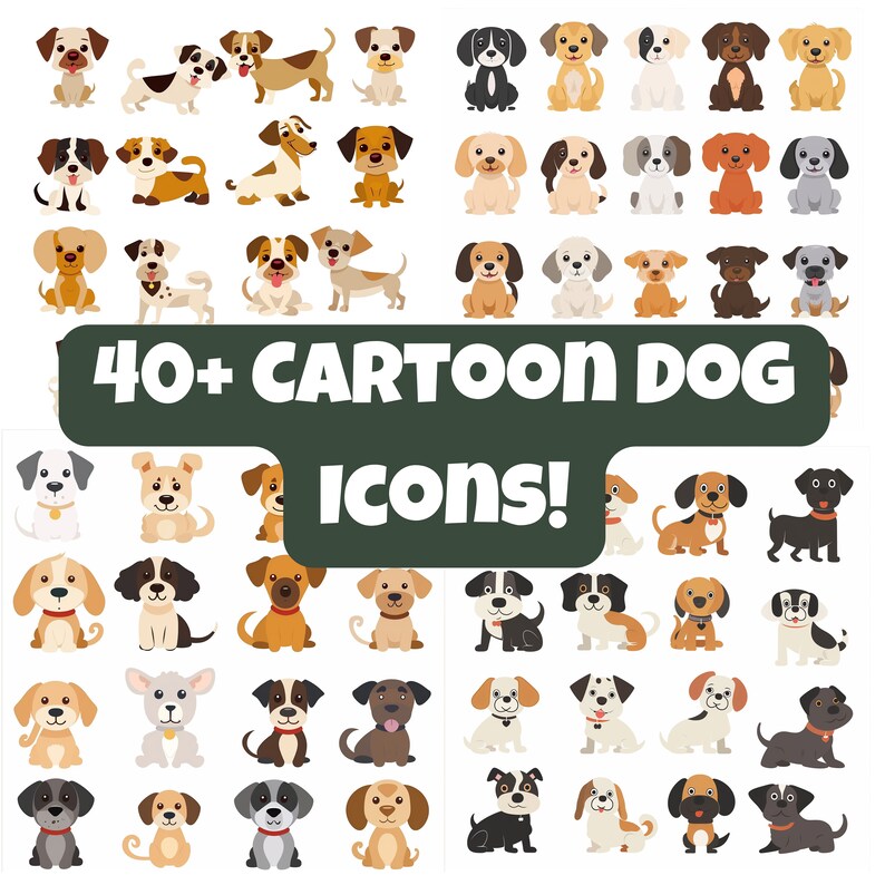 Whimsical Pup Parade: 40 Printable & Digital Cartoon Dog Icons for ...