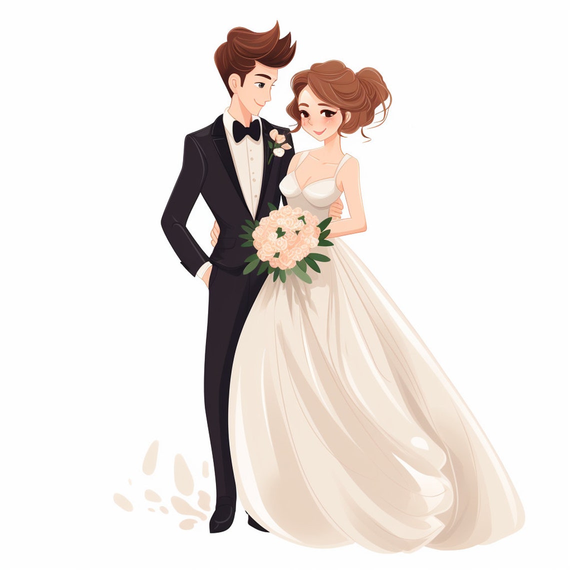 5 Happy Cartoon Bride and Groom Couples PNG Pack – Wedding Digital Art ...
