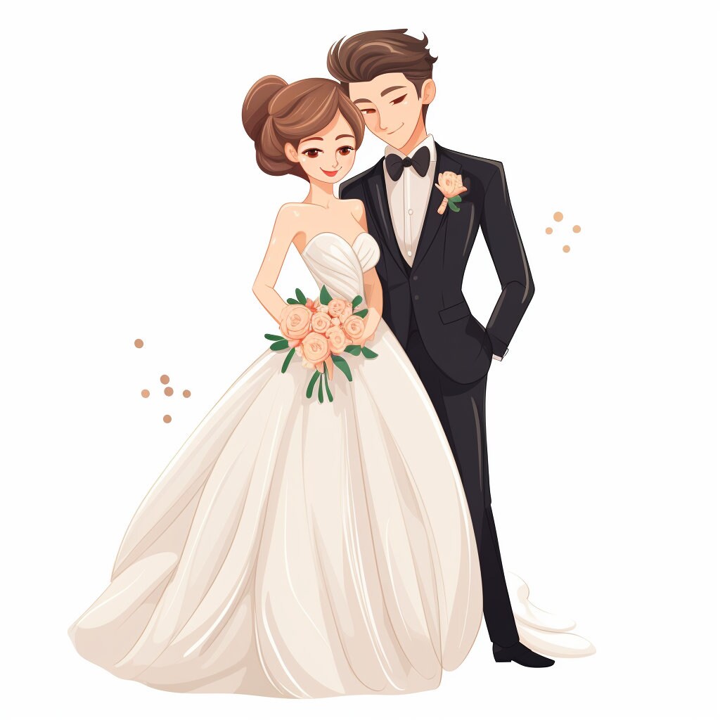5 Happy Cartoon Bride and Groom Couples PNG Pack Wedding Digital Art ...
