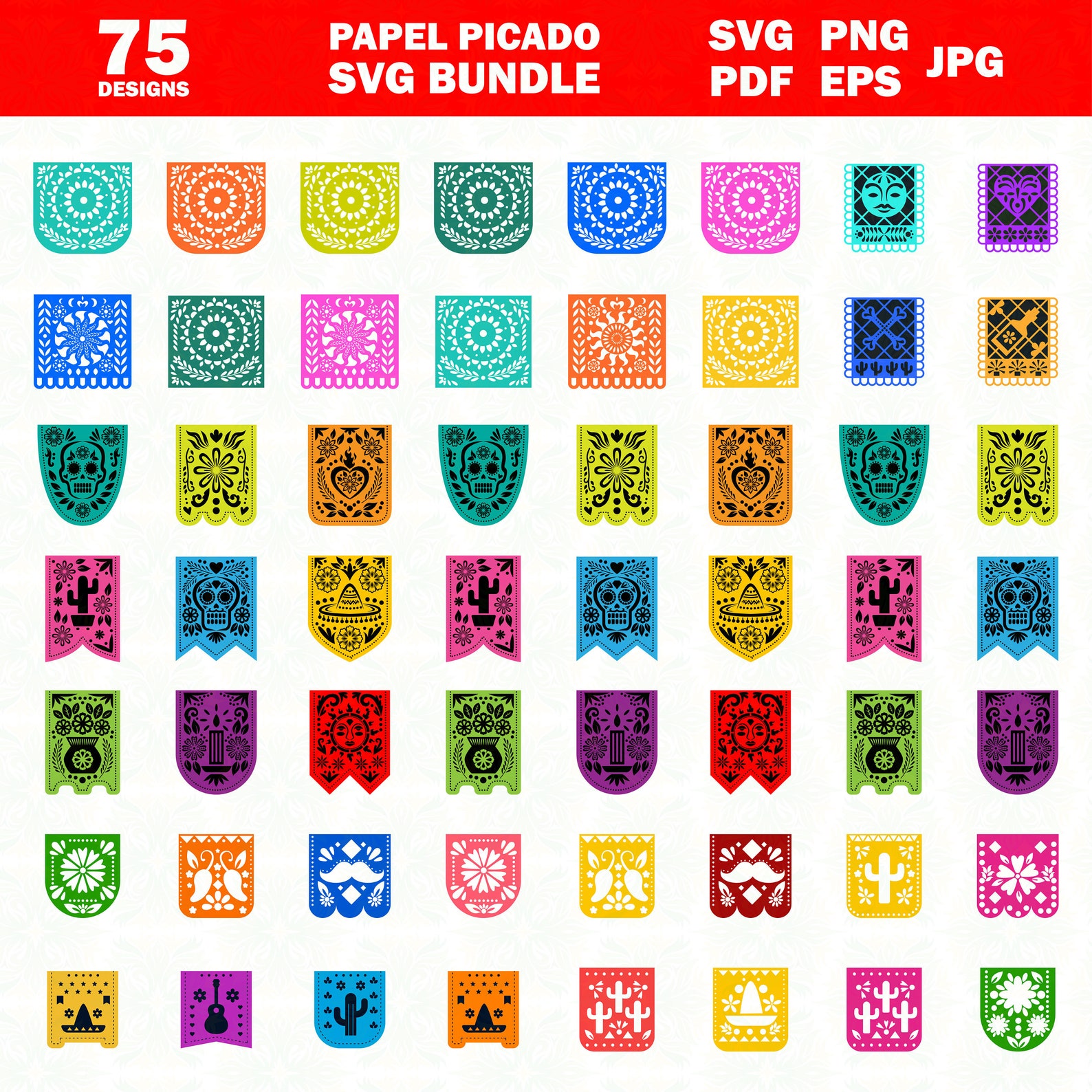Cute Papel Picado Svg, Papel Picado Bundles, Fiesta Bunting, Papel ...