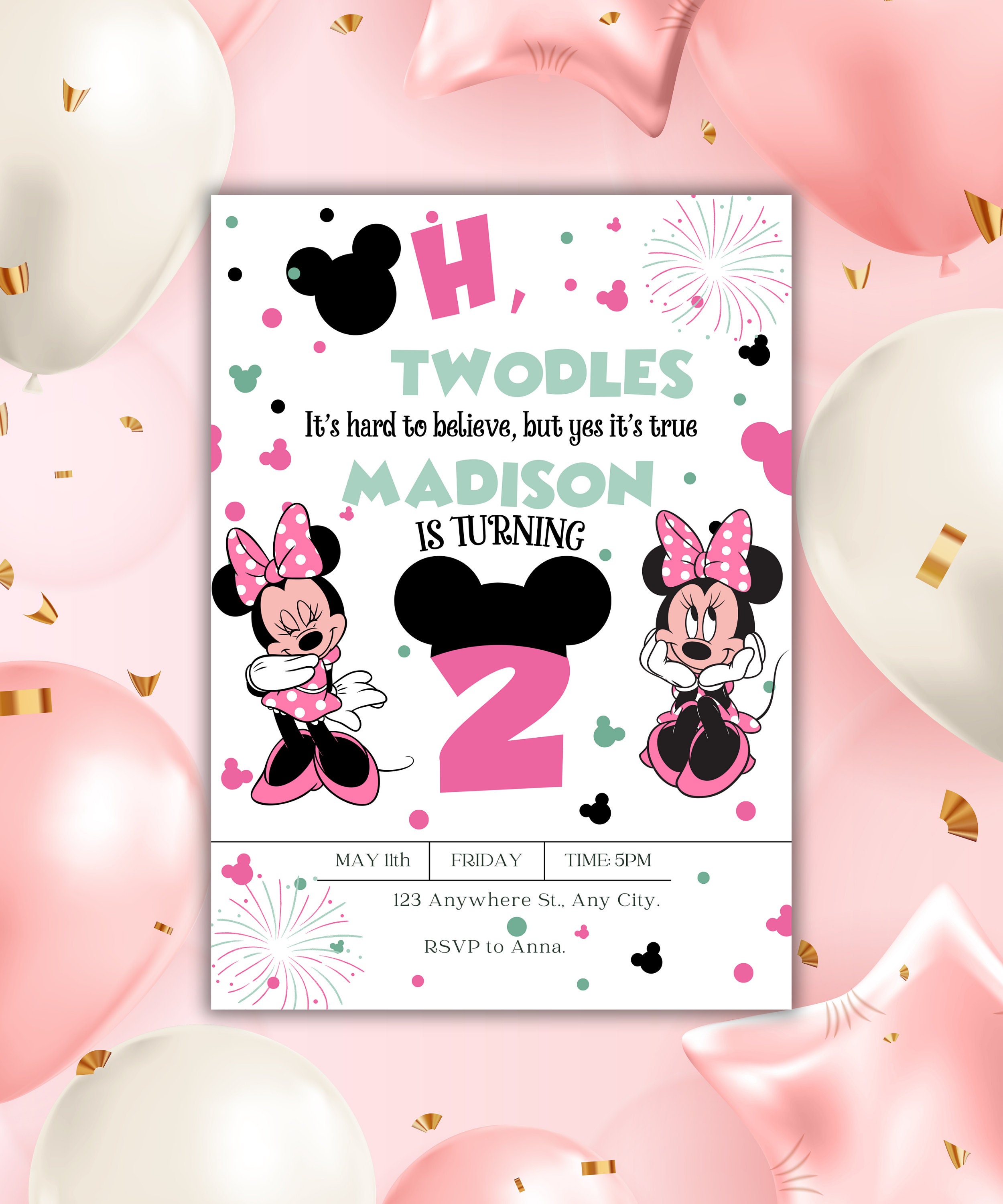 Minnie Mouse Birthday Invite Twodles Birthday Invite Editable Template ...