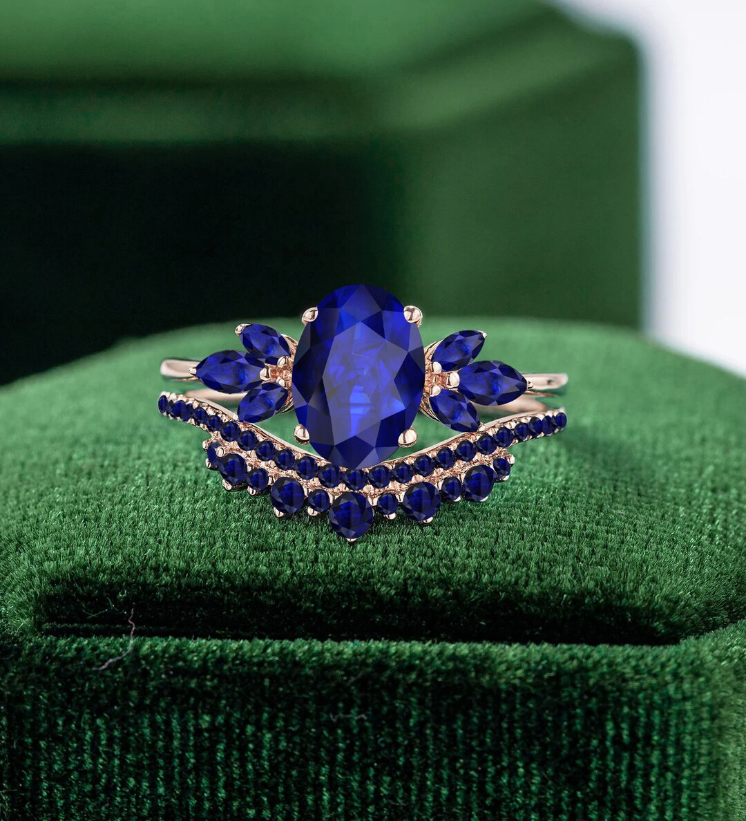 Sapphire Engagement Ring Set Rose Gold Oval Shaped Sapphire Bridal Set ...