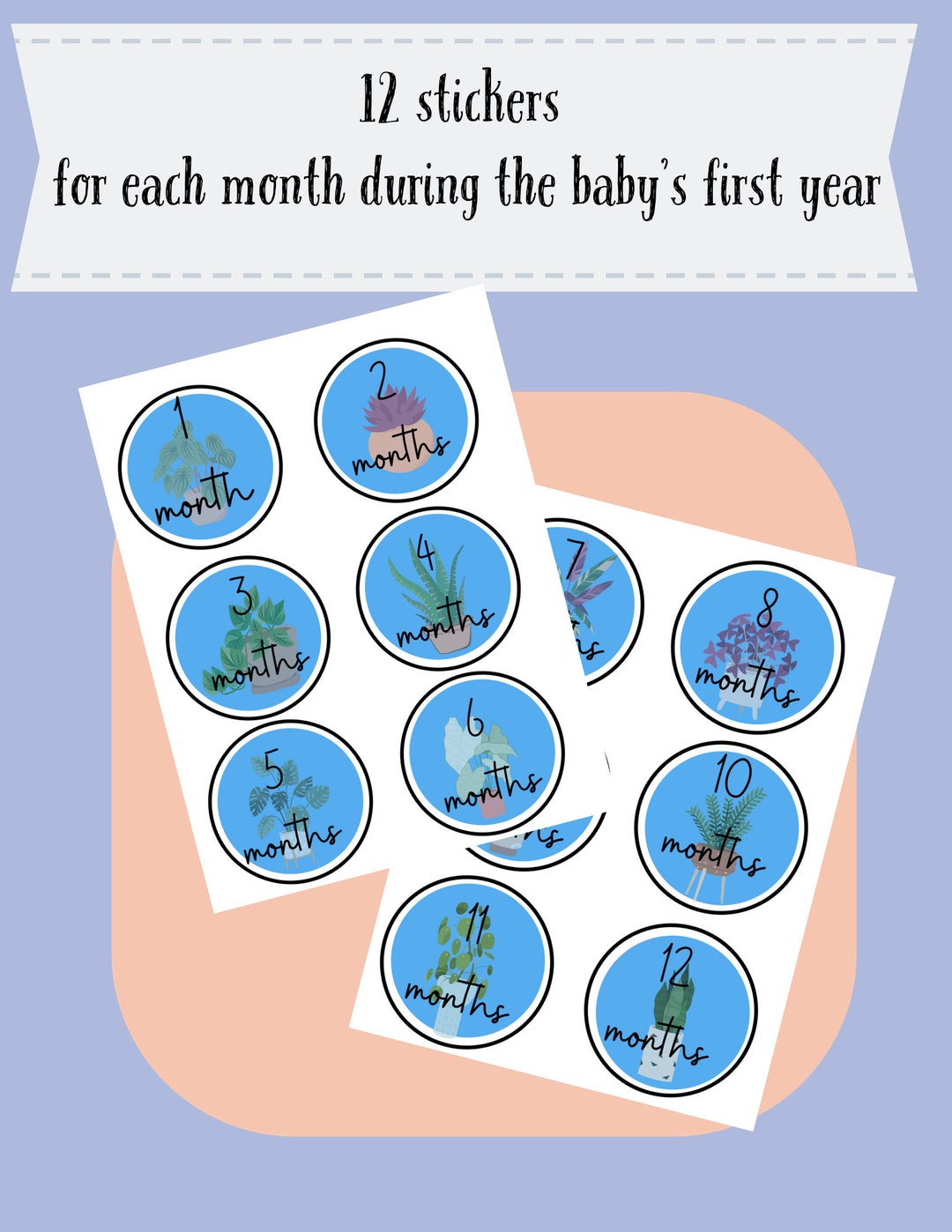 Baby Milestone Monthly Printable Digital Sticker Set - Blue Plants ...