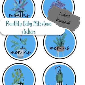 Baby Milestone Monthly Printable Digital Sticker Set Blue Plants ...