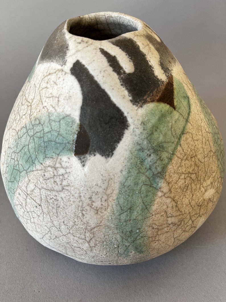 Vintage Raku Vase Cream White, Black and Green Planter Vase Studio ...