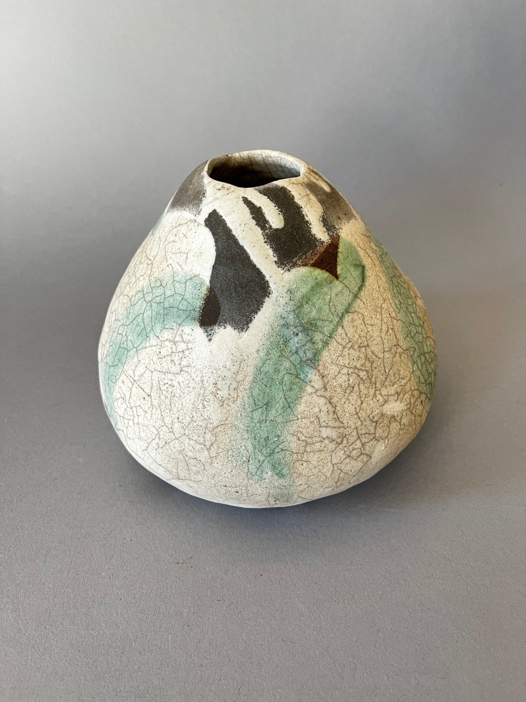 Vintage Raku Vase - Cream White, Black and Green Planter - Vase ...