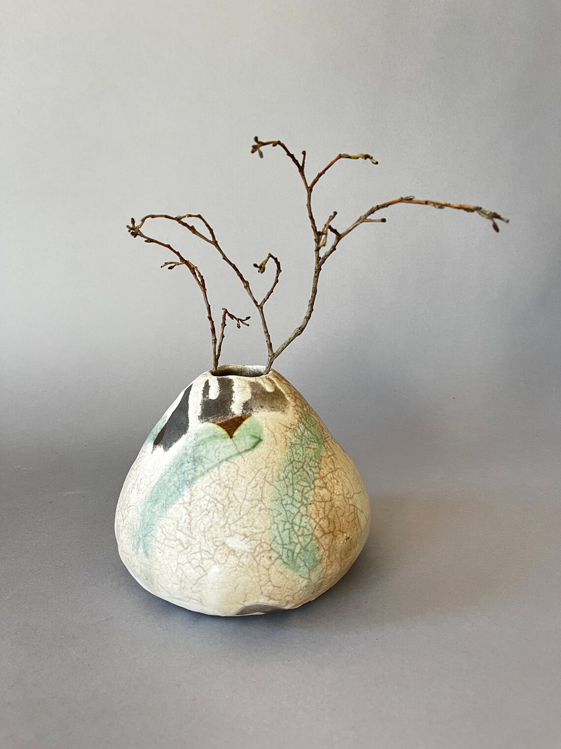 Vintage Raku Vase Cream White, Black and Green Planter Vase Studio ...