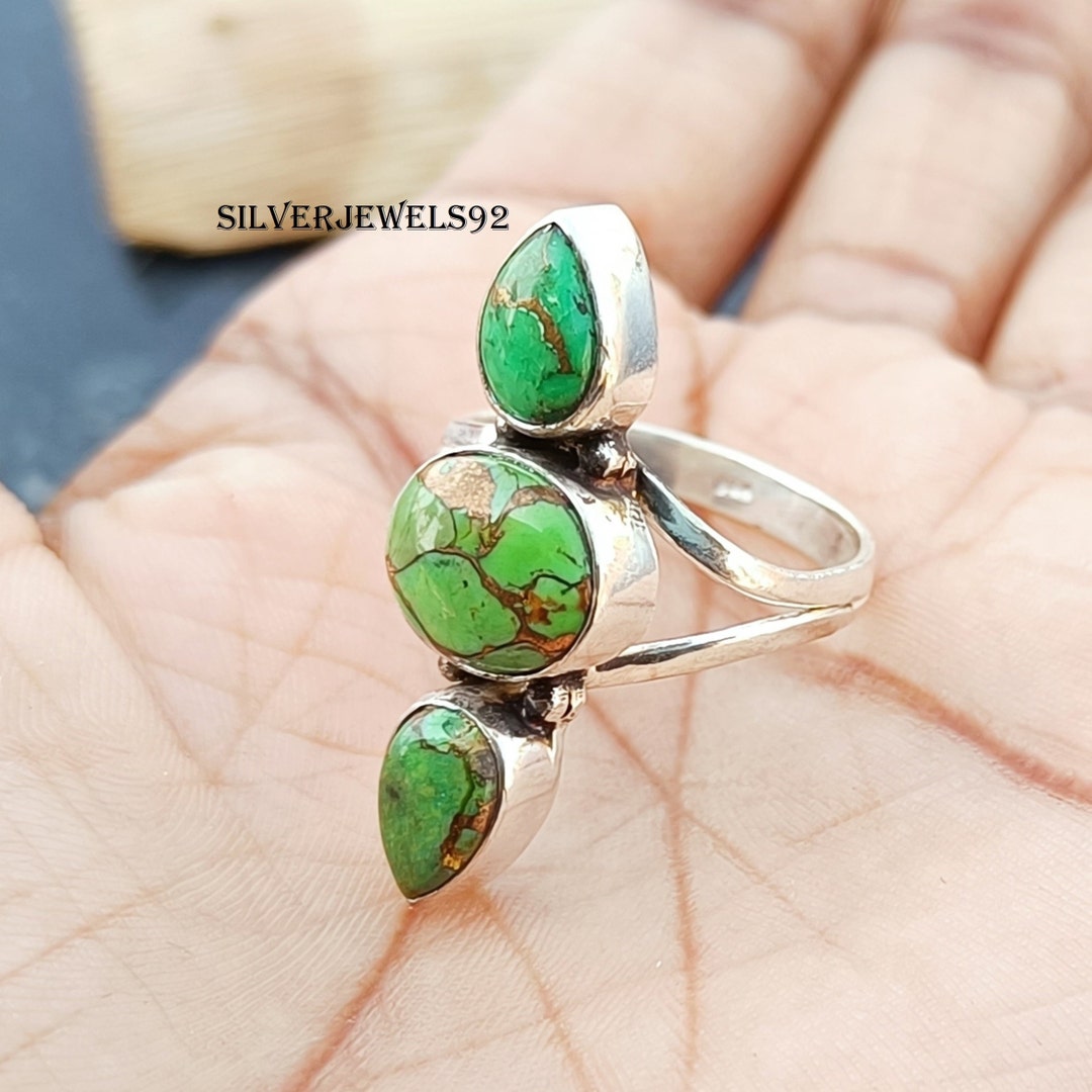 Green Copper Turquoise Ring, Three Stone Ring, 925 Silver Ring, Green ...