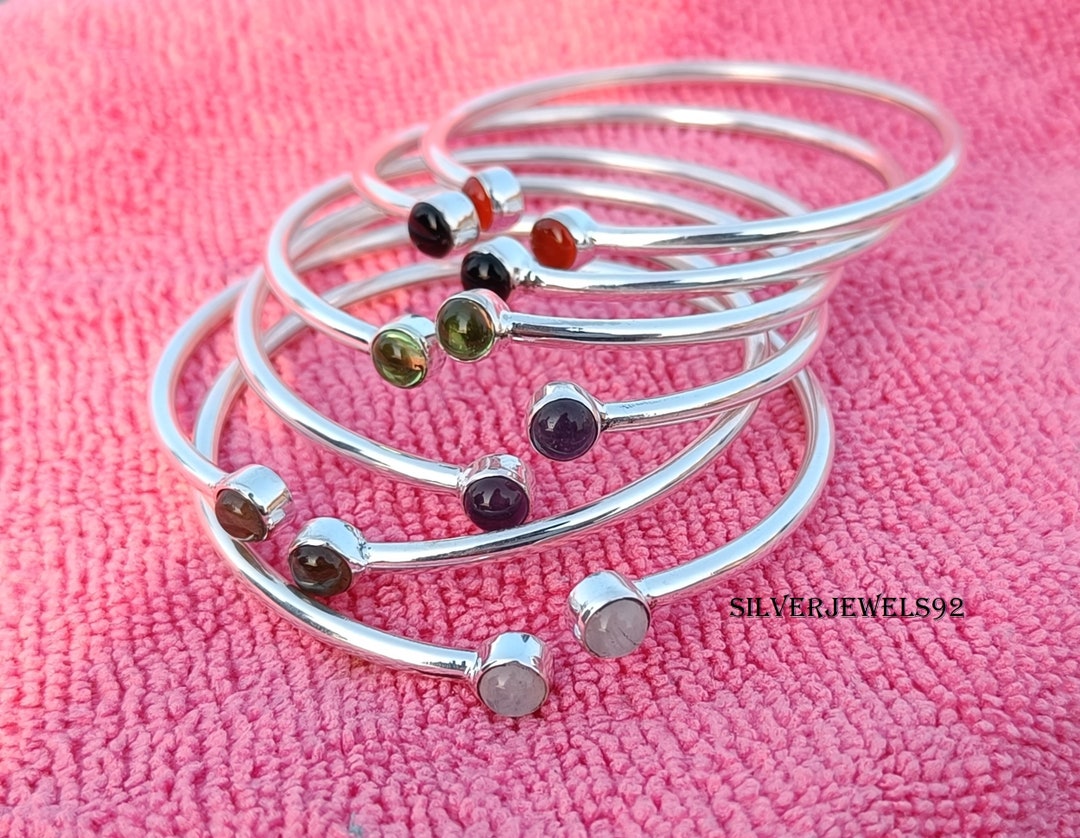 Sterling Silver Gemstone Bangle Set: Stacking Bracelets - Etsy