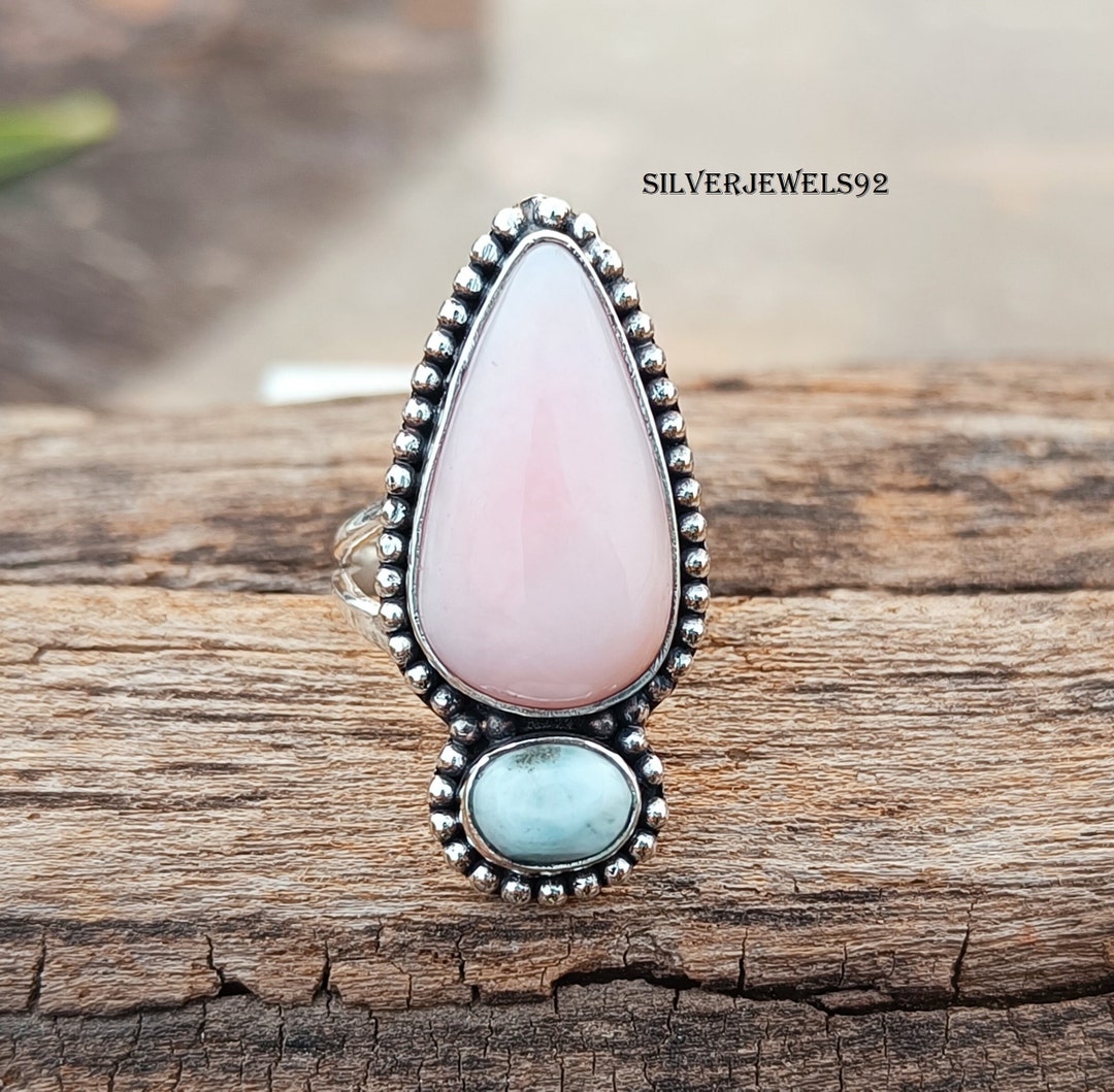 Pink Opal Pear Ring: Larimar Gemstone, 925 Sterling Silver, Boho Style ...