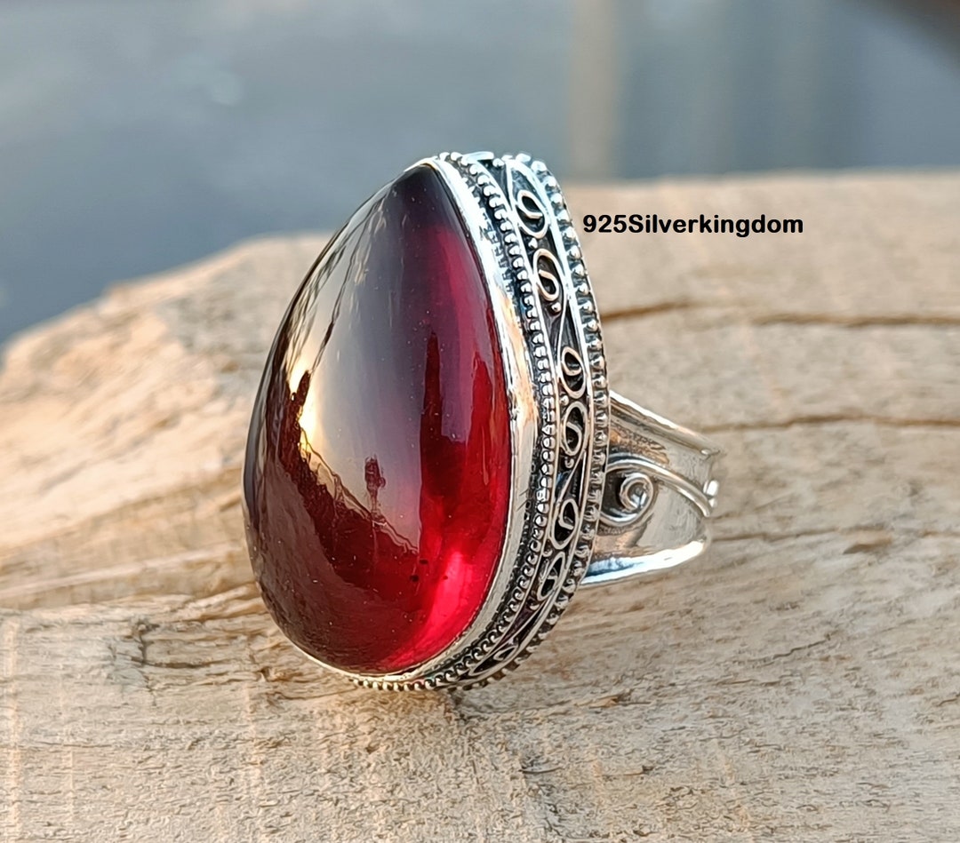 Garnet Ring, Red Colour Stone, Teardrop Shape Stone Ring, Unique Silver ...