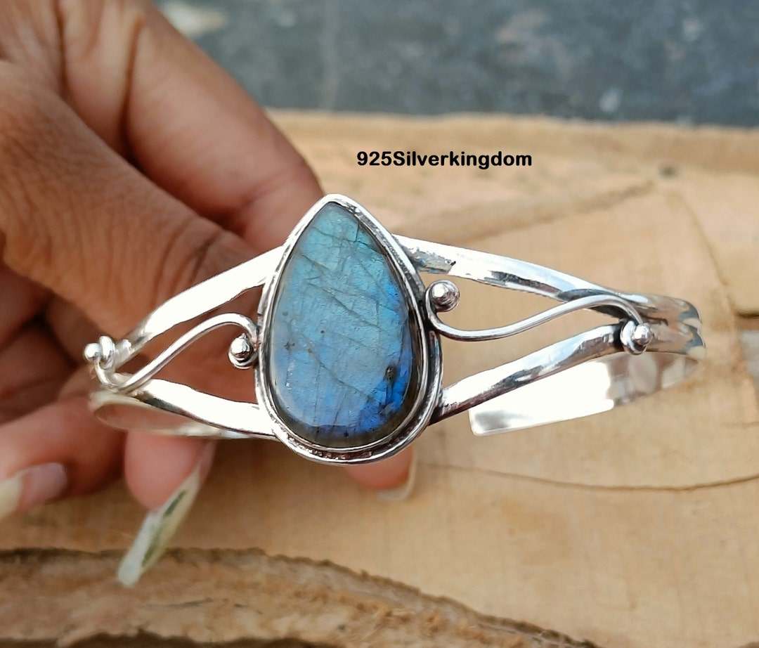 Blue Fire Labradorite Bangle, Water Drop Shape Stone, 925 Sterling ...