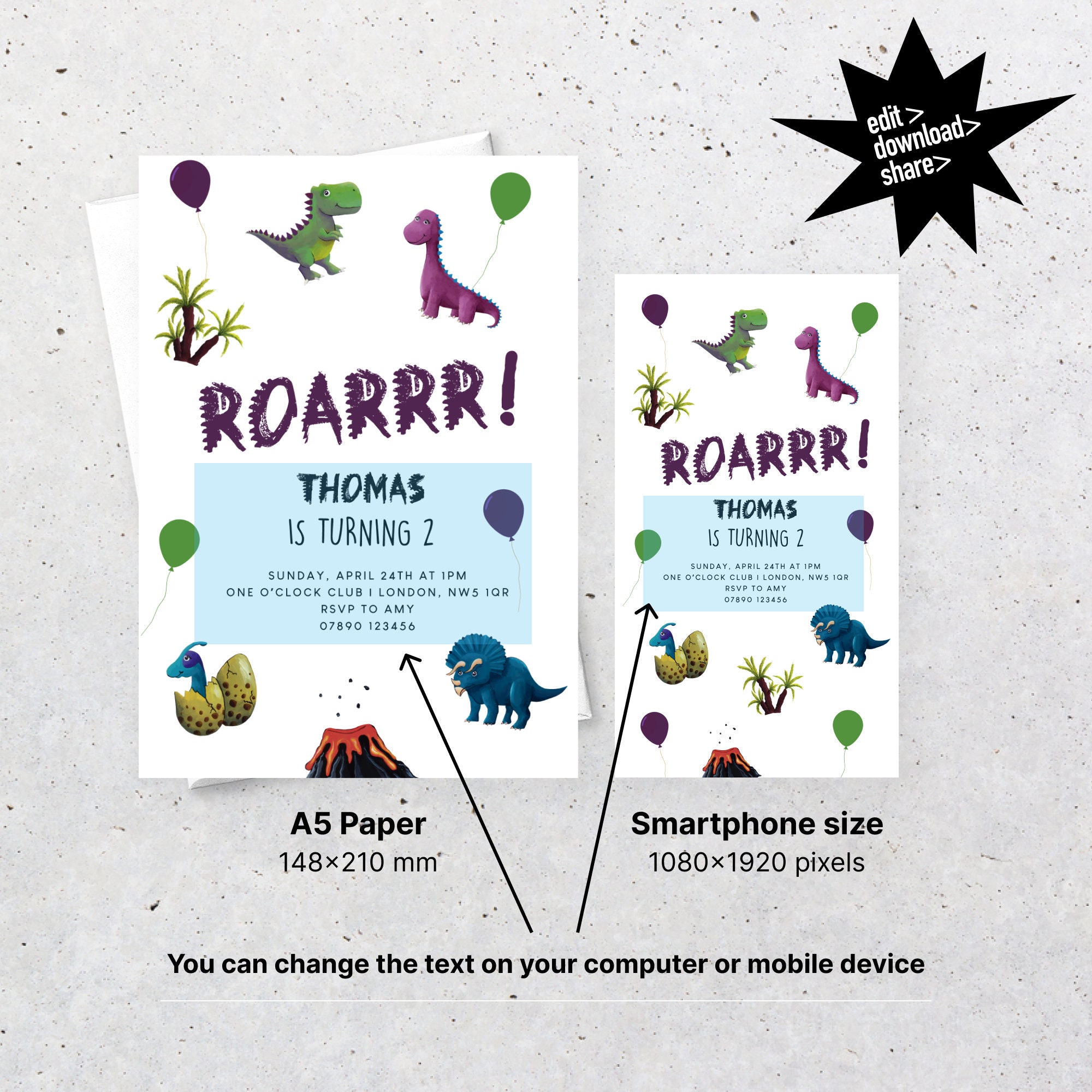 Plantilla de invitación de cumpleaños digital de dinosaurio. Kids dino ...