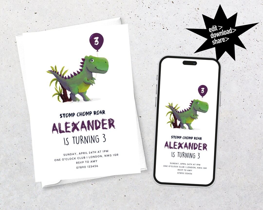 Plantilla de invitación de cumpleaños de T-Rex. Personalice la - Etsy ...
