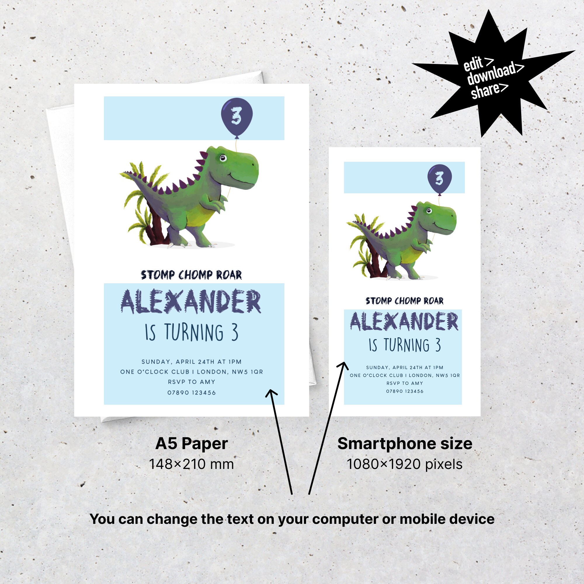 Plantilla de invitación de cumpleaños de T-Rex. Personalice la - Etsy ...