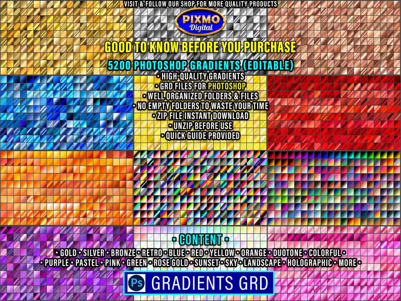 Photoshop Gradients Bundle – Gold, Silver, Bronze, Retro (GRD Format ...