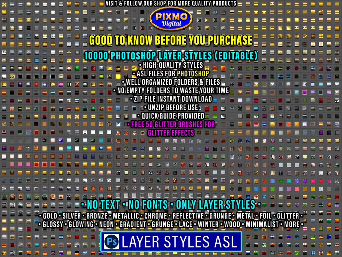 Photoshop Layer Styles Bundle - 10000 ASL Format - Featuring Gold, Silver, Bronze, Metallic ...
