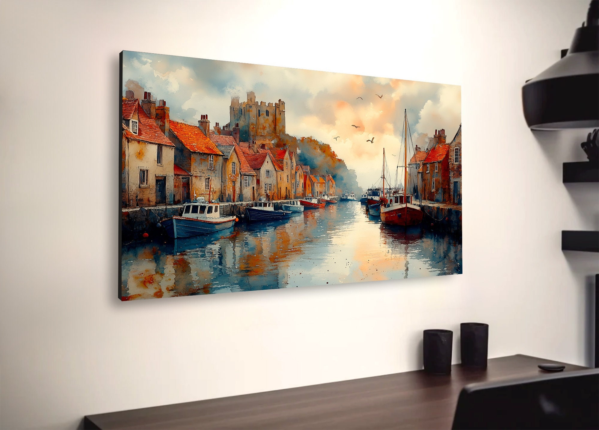 Sunset Harbour Canvas Watercolour Print, Harbor Wall Art, Boating Gift ...