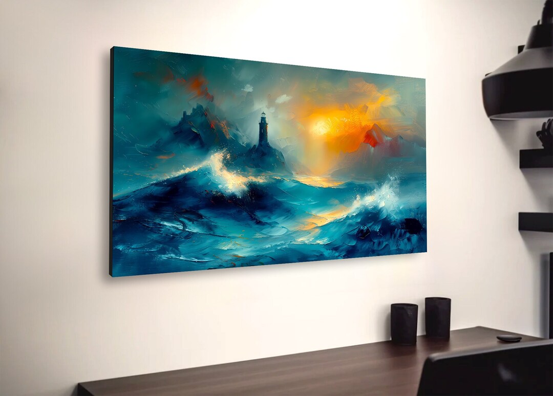 Lighthouse Picture, Orange and Teal Art, Stormy Sea Canvas Wall Art ...