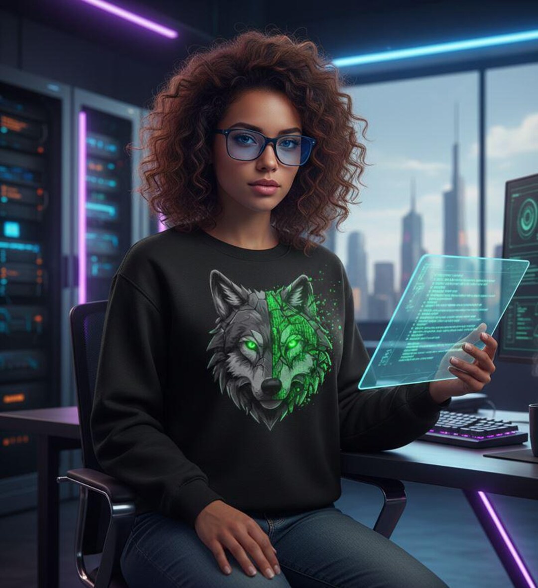 Cyber Wolf: Unisex Wolf Head Sweatshirt - Binary Code Tech Design ...