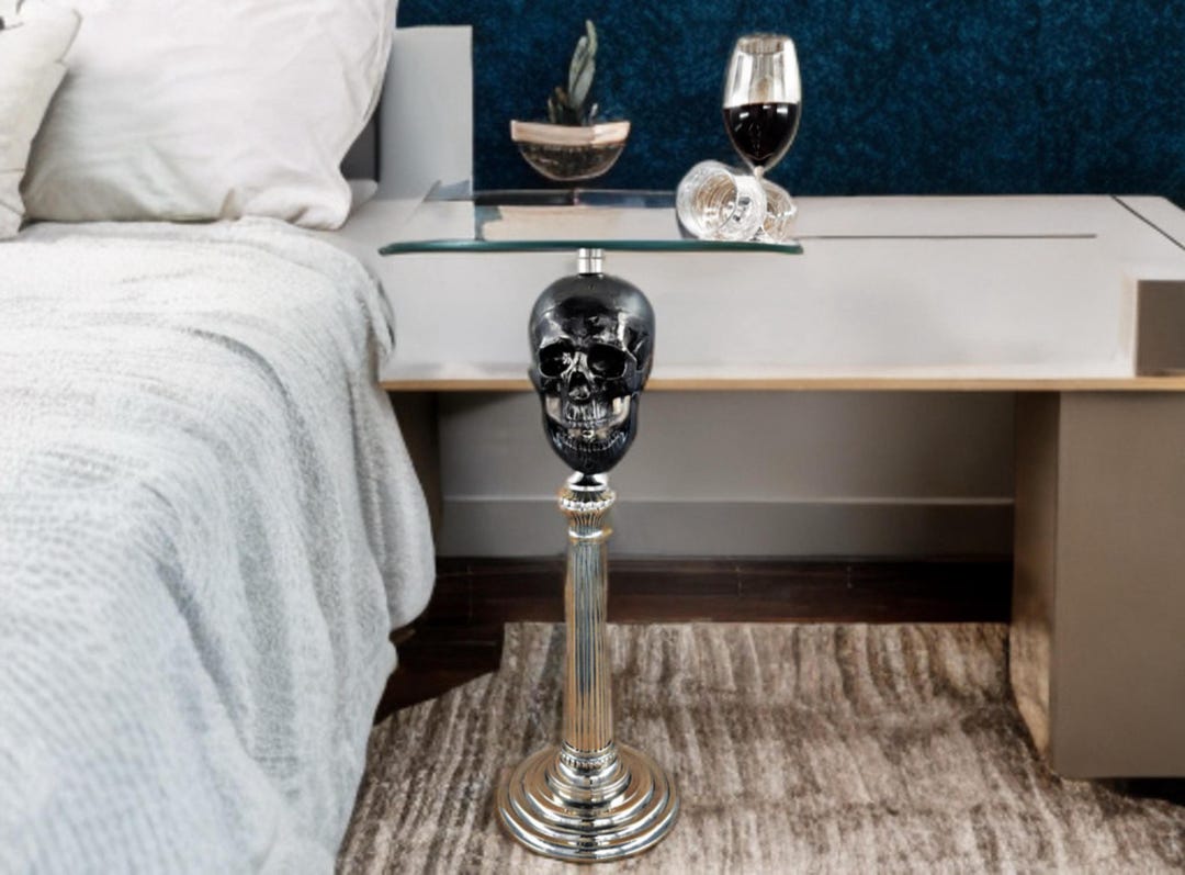 Metal Skeleton Skull Side Table With Glass Top: Macabre Gothic Decor - Etsy