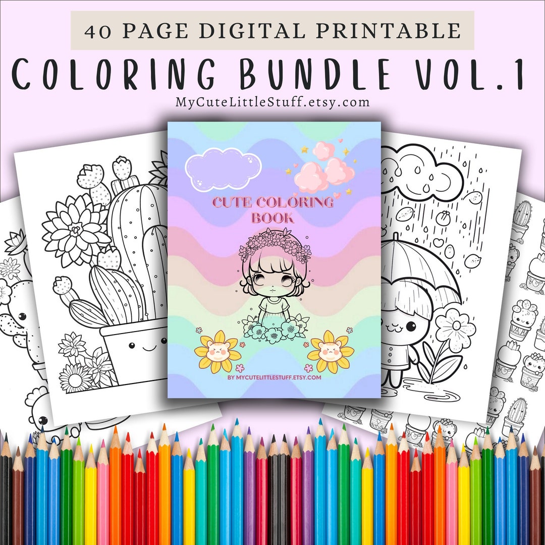 Cute Coloring Book Bundle Flowers Cats Dogs 40pg Digital Printable ...